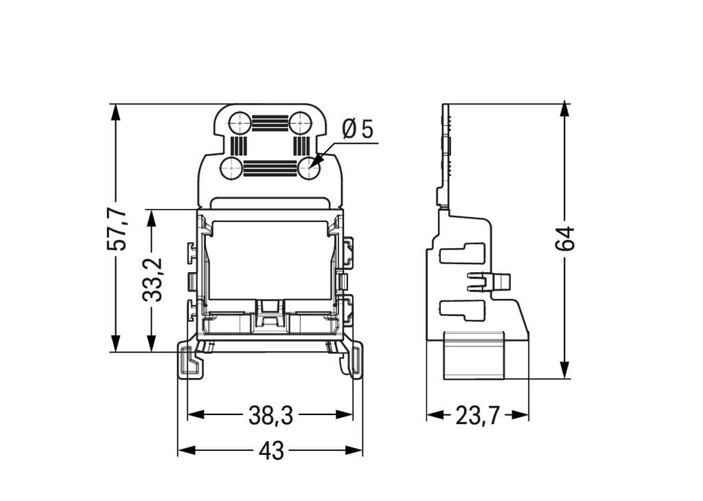 Mounting adapter with cable strain relief, for 10-wire connectors, series 221, 4 mm2, for TS 35 ...