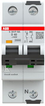 Wyłącznik nadmiarowo-prądowy, 1P+N, charakterystyka D, 40A, 20kA, AC | S301P-D40NA ...