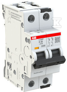 Wyłącznik nadmiarowo-prądowy, 2P, charakterystyka D, 20A, 25kA, AC | S302P-D20 2CDS382001R0201 ...