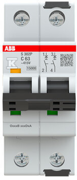 Wyłącznik nadmiarowo-prądowy, 2P, charakterystyka C, 63A, 15kA, AC | S302P-C63 2CDS382001R0634 ...